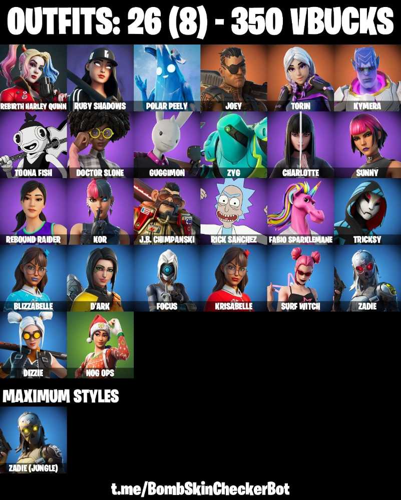 PC/PSN/XBOX 26 SKINS Rebirth Harley Quinn , Ruby Shadows , Polar Peely , Joey , Torin , Kymera ...