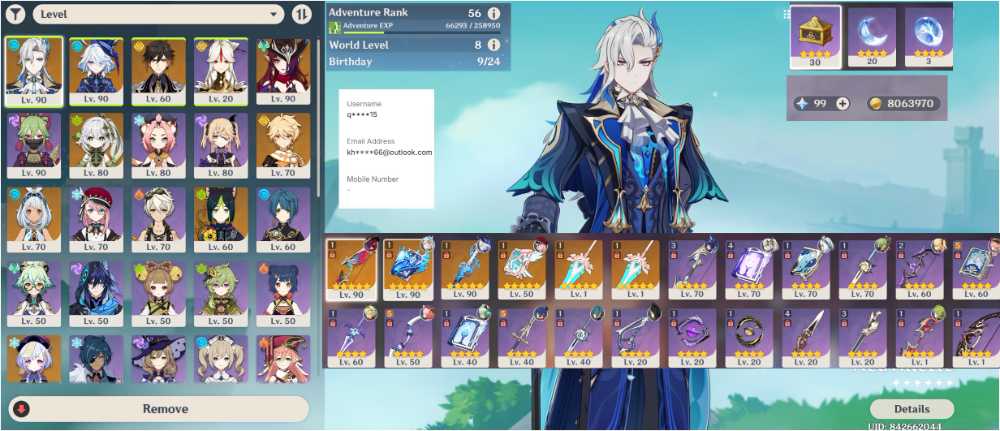 Neuvillette C6r1 , Furina sig , Zhongli Chasca sig,Nahida Mulaini AR56