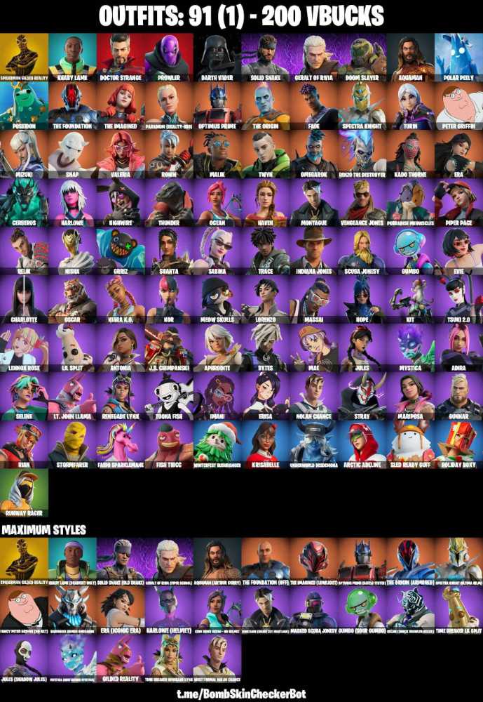 91 SKINS+GET GRIDDY+GILDED SPIDER-MAN+DARTH VADER+CHARLOTTE+KOR+EVIE+MEOW SKULLS+TSUKI 2.0 ...
