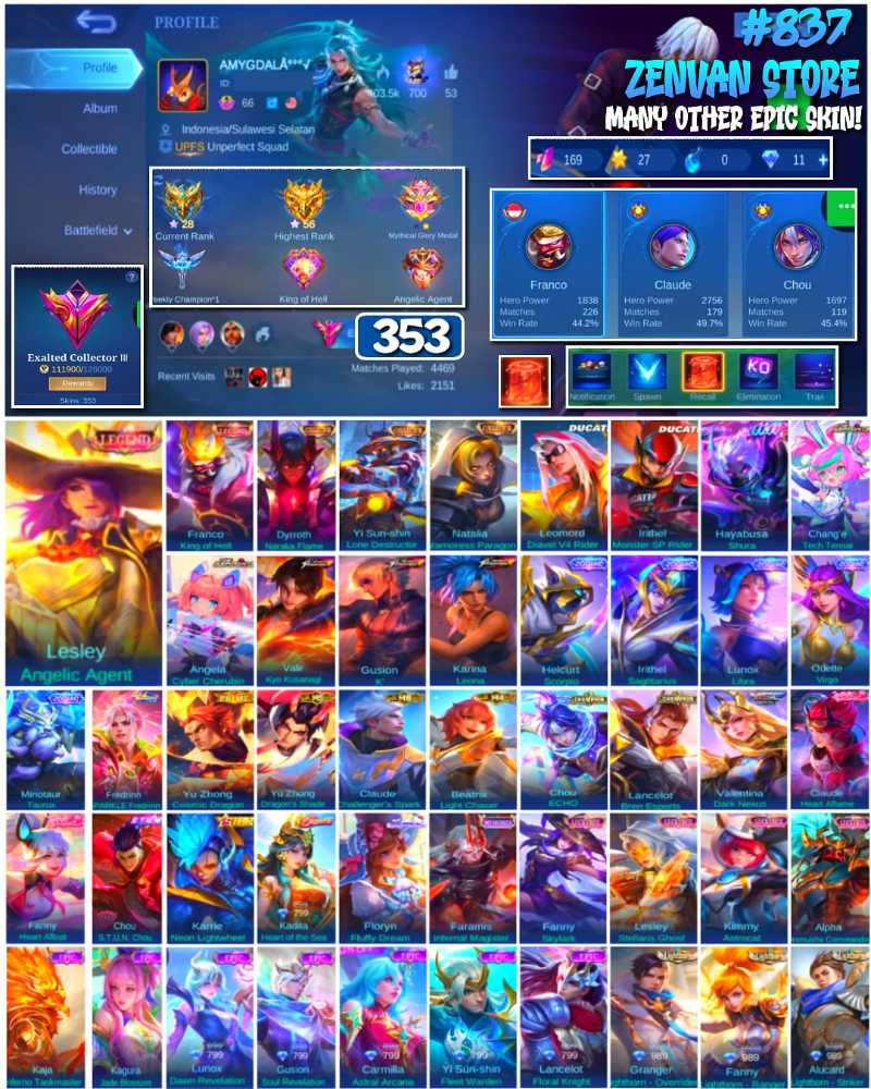 #837 353 Skin ⭐ Legend Lesley, Franco Collector Dyroth, Yu Shin Shin ...