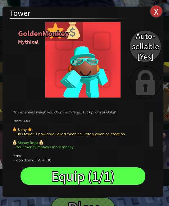 SHINY Golden Monkey / gmk ( Best Reforge: Money Bag ) Ball tower defense