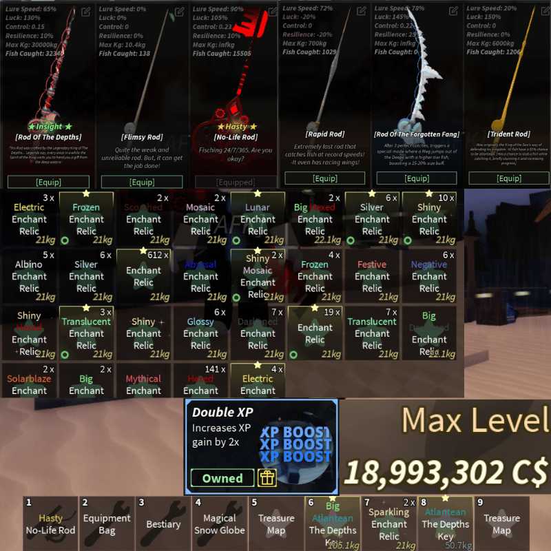 SALEID337Fisch: Level 750 Max 18M9 C$ X2 Exp - 140x Hexed Relic - Rod ...