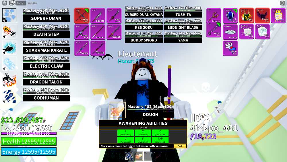Blox Fruit Lv:2400Max | Beli:22M F:18K |Fully Awakened Dough | Cursed ... Blox Fruit Lv:2400Max | Beli:22M F:18K |Fully Awakened Dough | Cursed ...