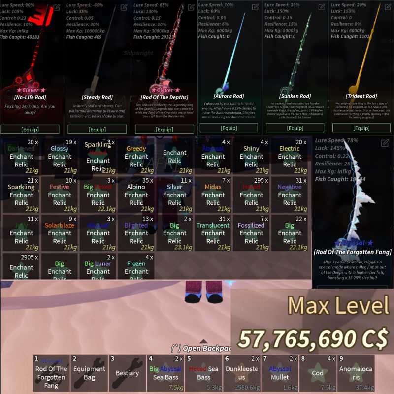 SALEID591Fisch: Level 750 Max 57M C$ - 300x Hexed Relic - Rod of the ...
