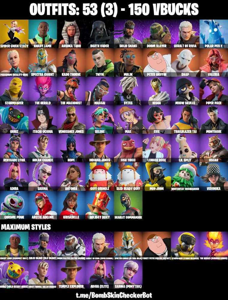 53 SKINS+SPIDER-GWEN STACY+DARTH VADER+AHSOKA TANO+MEOW SKULLS+EVIE ...