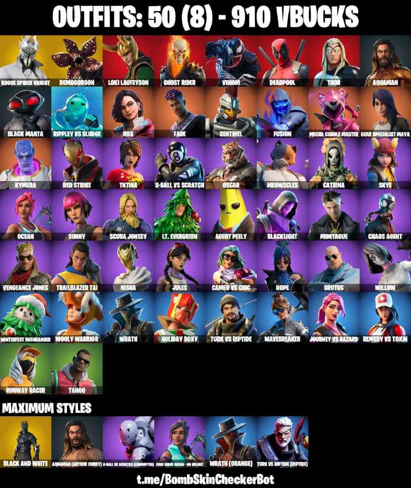 50 SKINS+DEMOGORGON+JABBA SWITCHWAY+ROGUE SPIDER KNIGHT(MAX)+VENOM ...