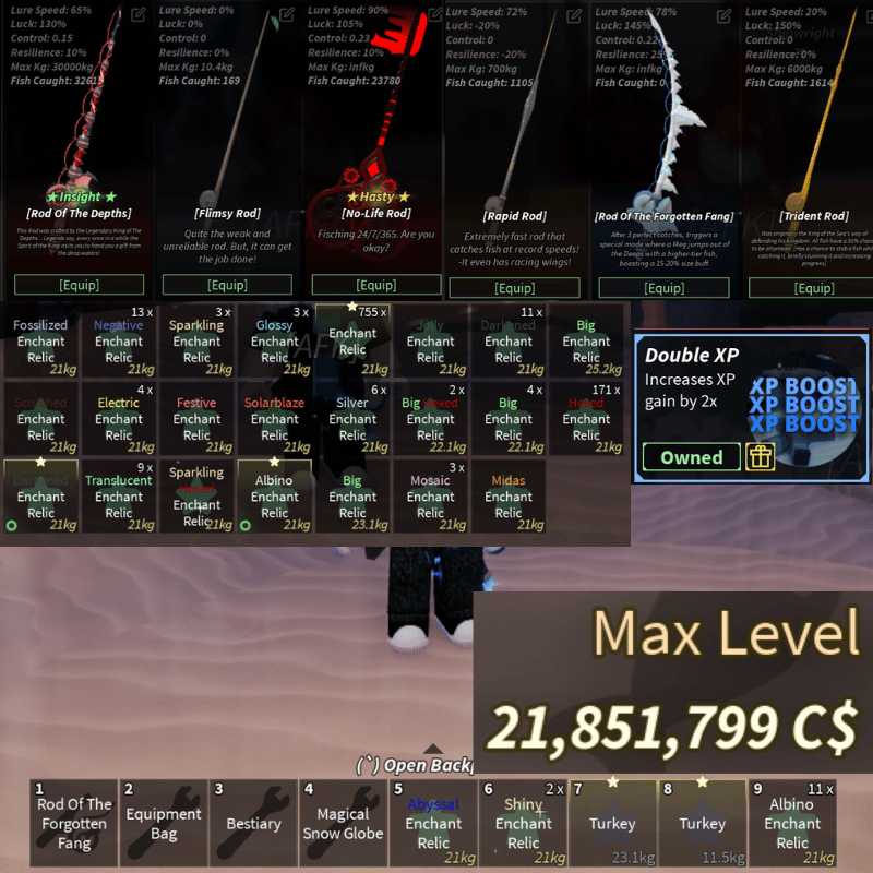 SALEID301Fisch: Level 750 Max 21M8 C$ X2 Exp - 172x Hexed Relic - Rod ...