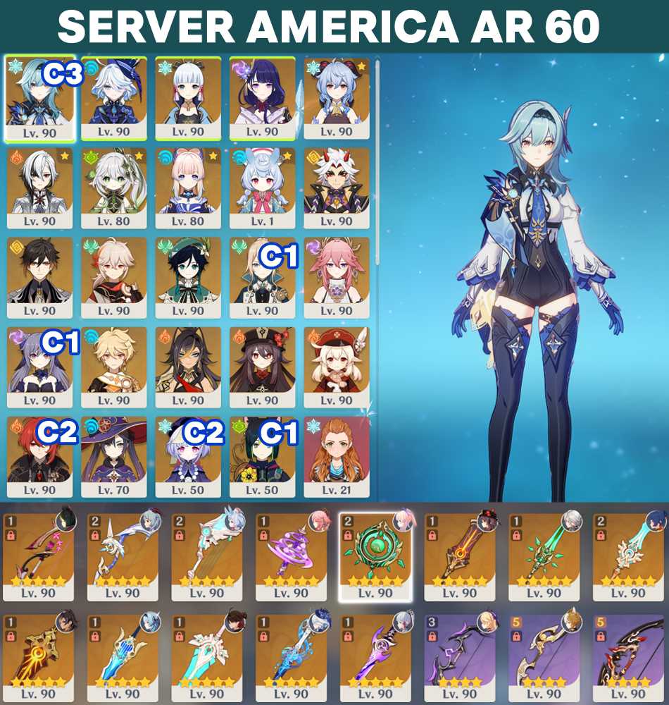 ⭐️SERVER AMERICA (NOT ASIA) AR 60⭐️ Eula C3 + Furina + Ayaka + Raiden Shogun + Ganyu ...