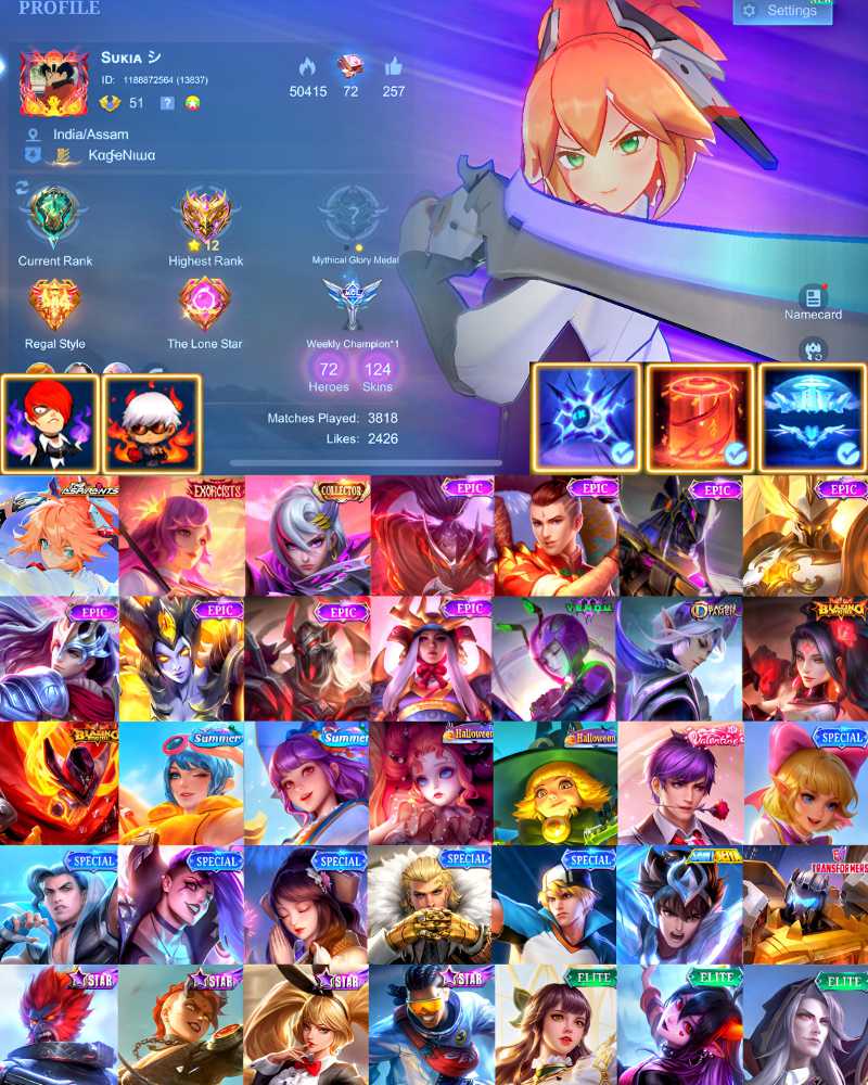 Cel Lvl 51 72 Heroes 124 Skins Epic Recalls Epic Kill Effect