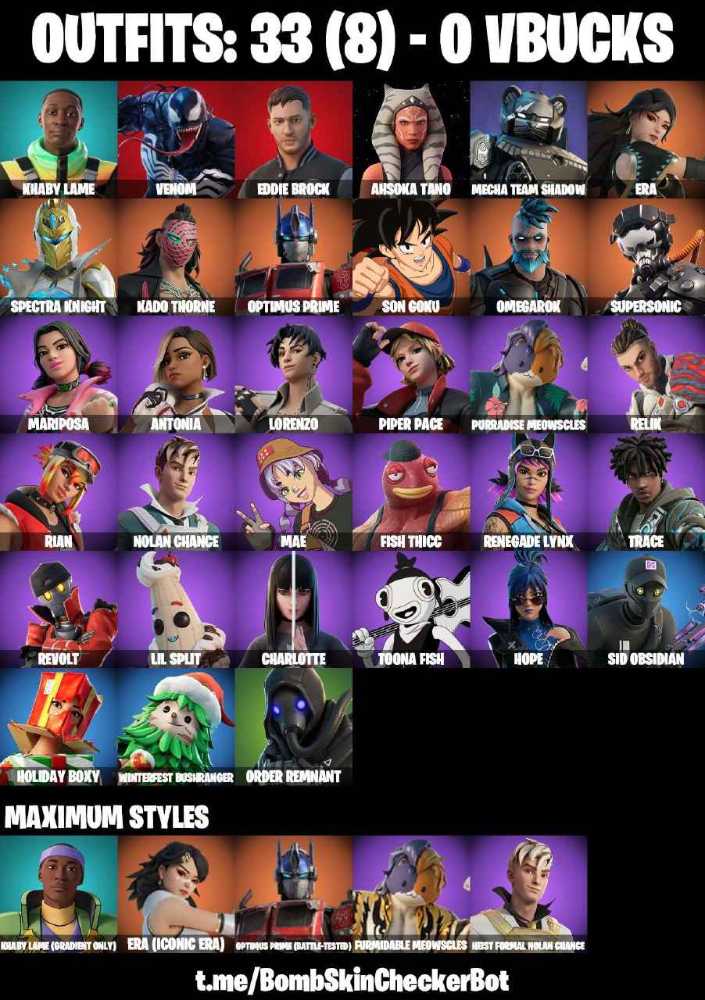 33 SKINS+VENOM+AHSOKA TANO+SON GOKU+ERA(MAX)+CHARLOTTE+MARIPOSA+HOPE ...