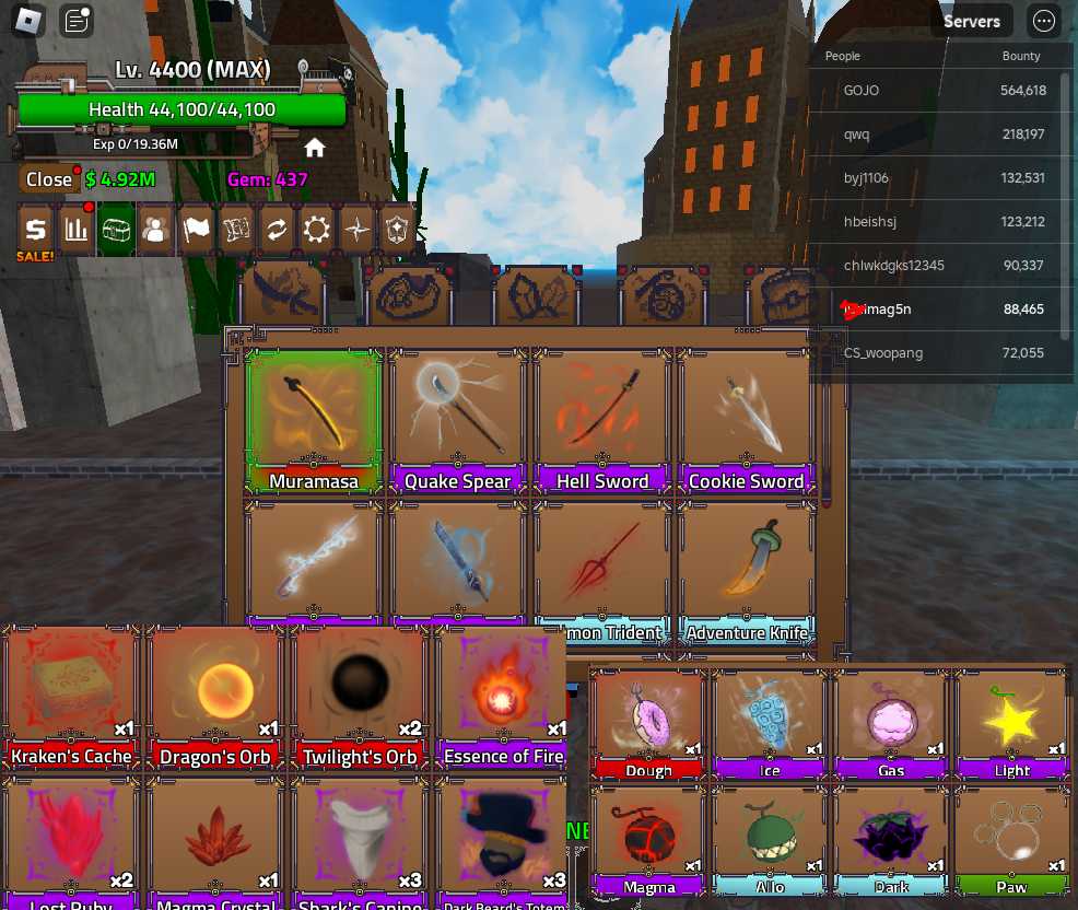 King LegacY / Dough Inventory / Muramasa / 4m$/ 437 Gems / UNlinked