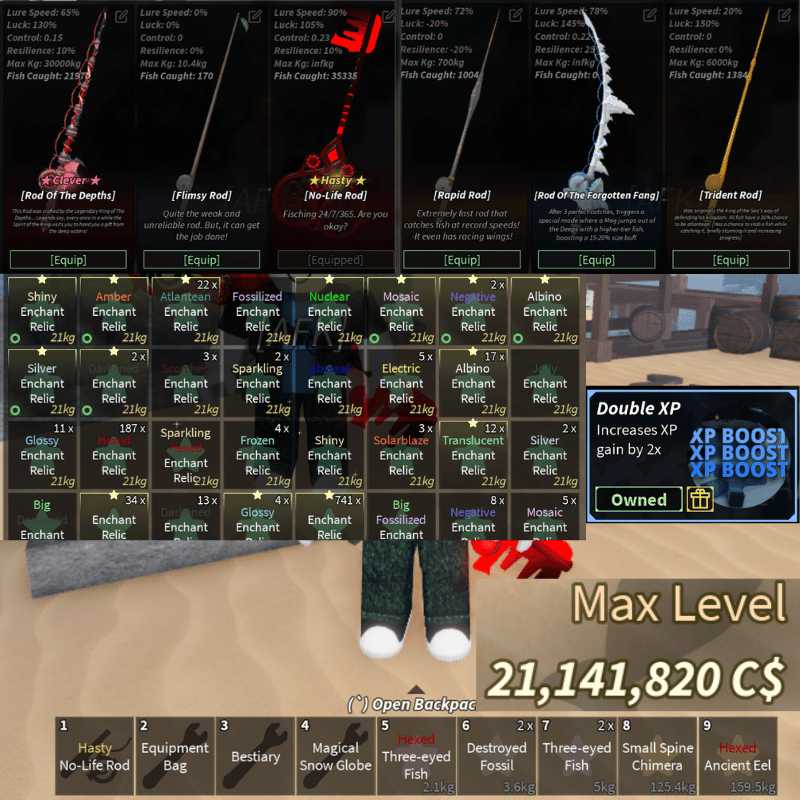 ID278Fisch: Level 750 Max 21M1 C$ X2 Exp - 188x Hexed Relic - Rod of ...