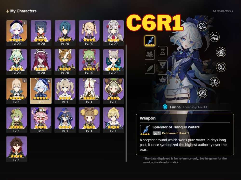 Instant Delivery - Asia AR 52 15x 5⭐ Furina C6R1, Diluc, Qiqi C1, Jean ...