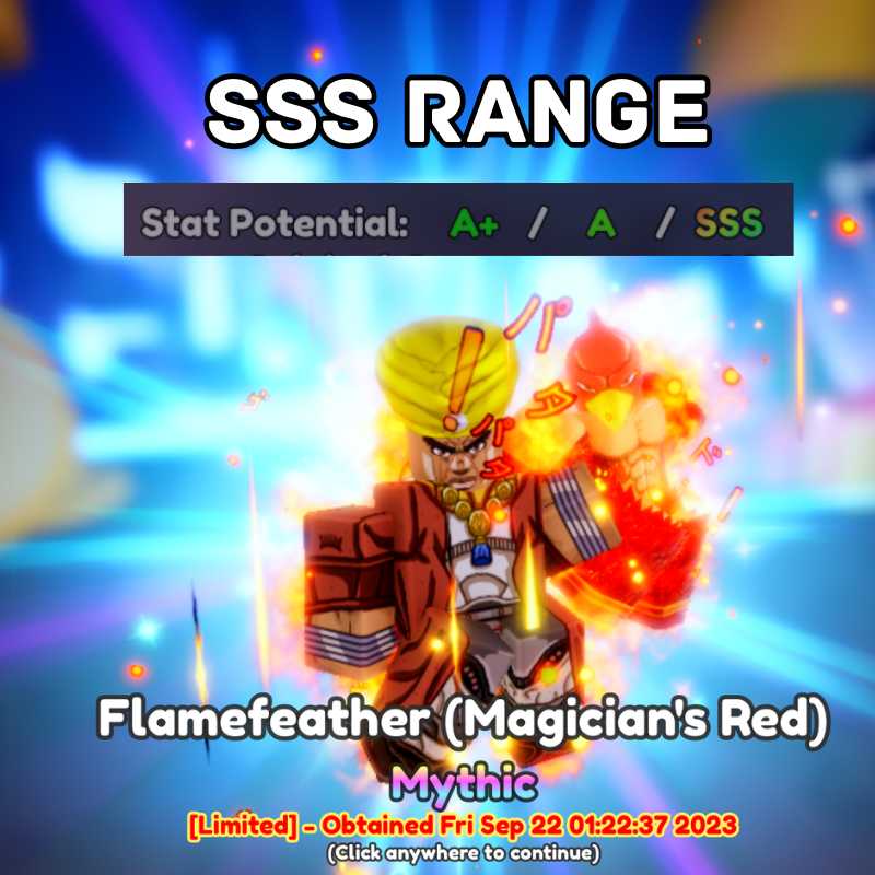 A437Flamefether SSS Range / 12.2% - Anime Adventures - Instant Delivery