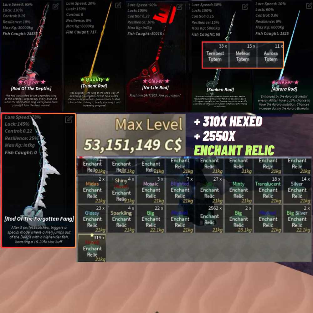 [Fisch] ID179: Level 750 Max 53M C$ - 11x Aurora Totem, 310x Hexed ...