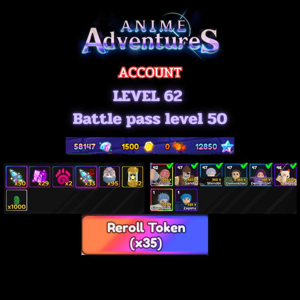 AA-11 Anime Adventures Account 58k gems // 35x Reroll token // Level 62 ...
