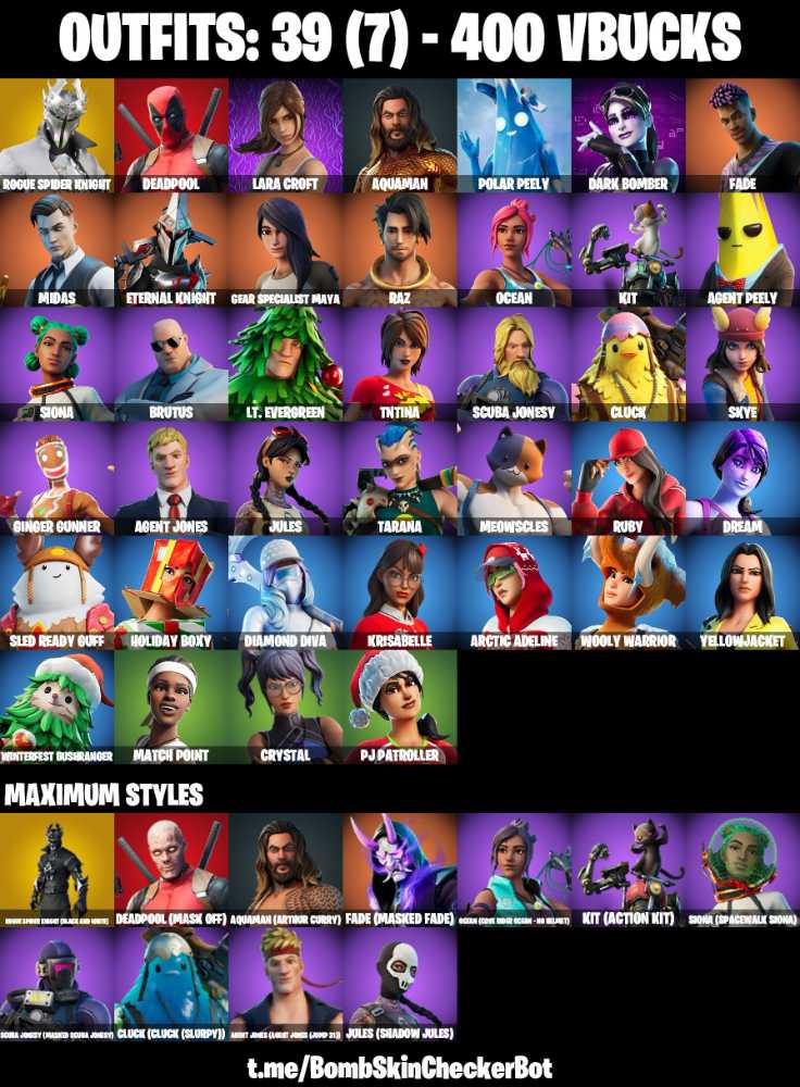 39 Skins | Rogue Spider Knight , Crystal , Lara Croft , Jules , Polar ...