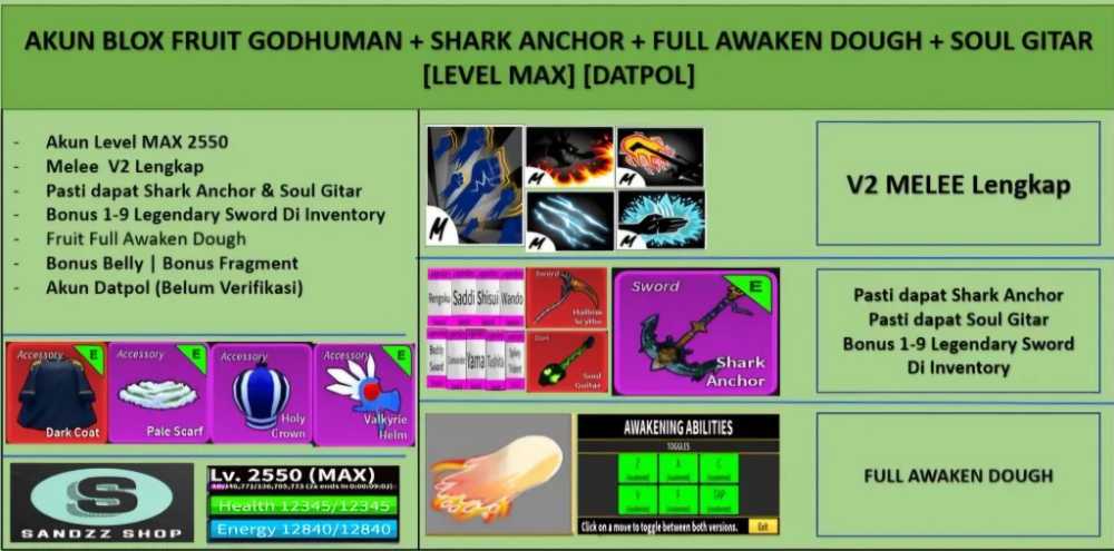 blox fruit | Level 2550 | Shark Anchor + Full Awaken Dough + Soul Gitar ...