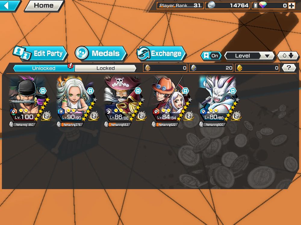 5 Ex (Seraphim-Roger-Yamace-Zoro-Yamato) sup 142%. medal 30 max. hyper 2