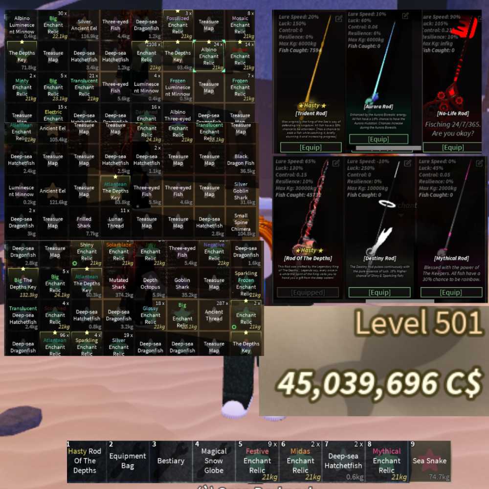 ID 150 Fisch: Level 501- 45m C$ - ,-No life-Rod--Trident rod- Rod of ...