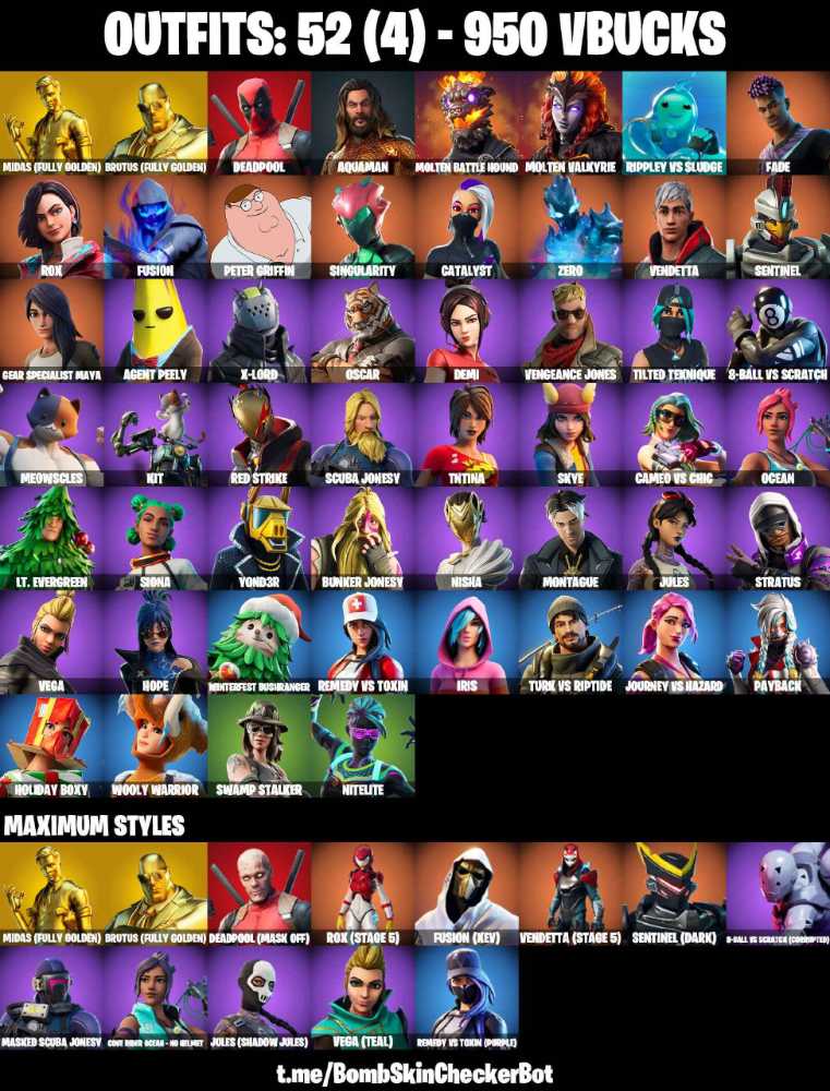 52 SKINS+GOLDEN MIDAS+ASTROWORLD CYCLONE+MAYA+JULES(MAX)+AGENT PEELY ...