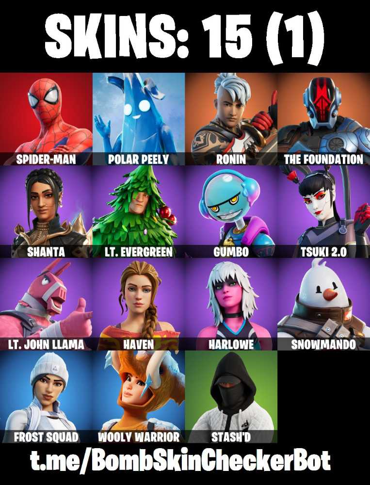 15 SKINS - SPIDER-MAN - POLAR PEELY - EVERGREEN - HAVEN - SNOWMANDO ...