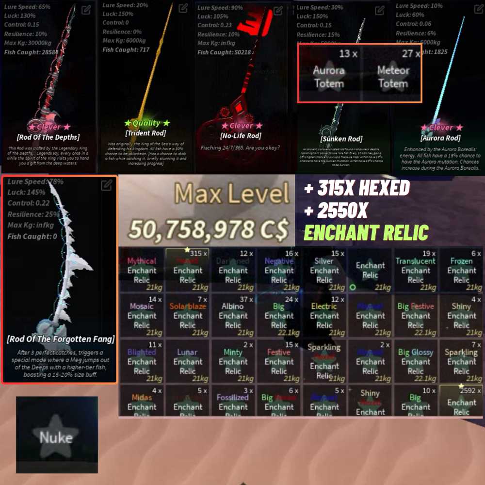 [Fisch] ID184: Level 750 Max 50M C$ - 13x Aurora Totem, 315x Hexed ...