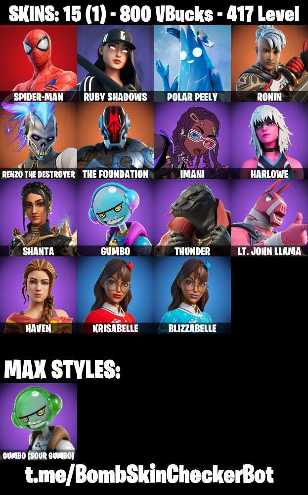 15 SKINS - SPIDER-MAN - RUBY SHADOW - HAVEN - POLAR PEELY - GUMBO ...