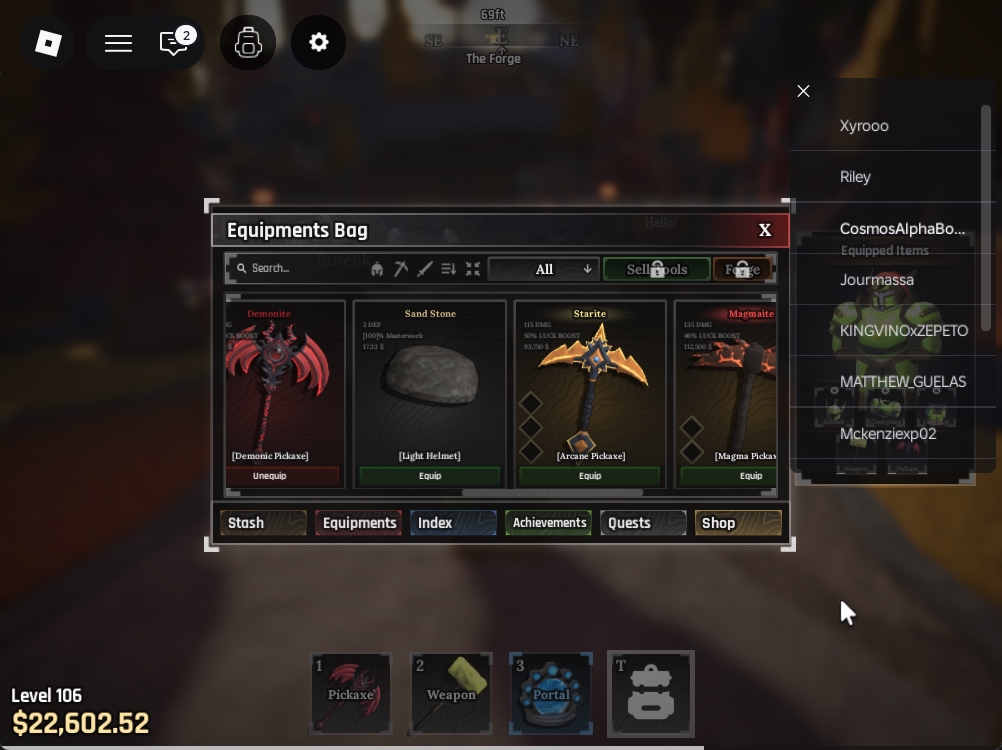 ID 227:LV 106 22K Coin Demonic Pickaxe, Arcane Pickaxe, Magma Pickaxe ...
