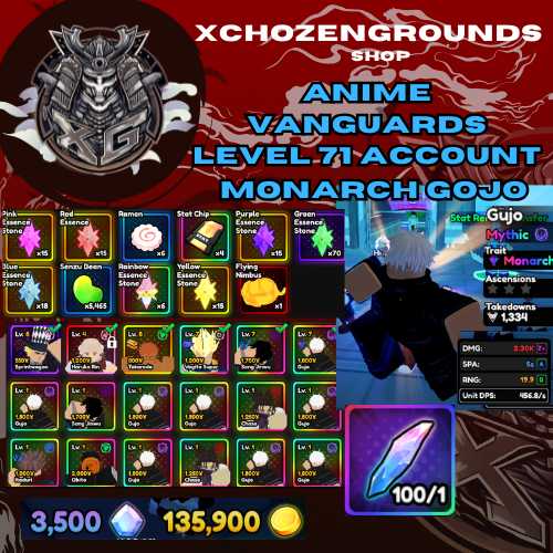 Anime Vanguards Account - MONARCH Gojo with 100 rerolls - LEVEL 71 ...
