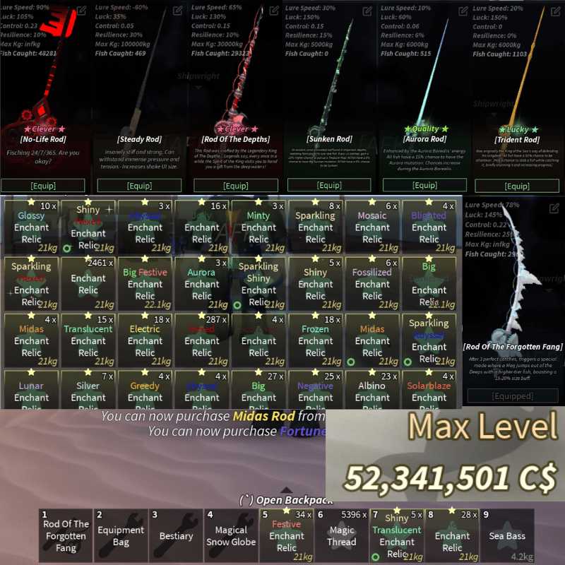 SALEID542Fisch: Level 750 Max 52M C$ - 289x Hexed Relic - Rod of the ...