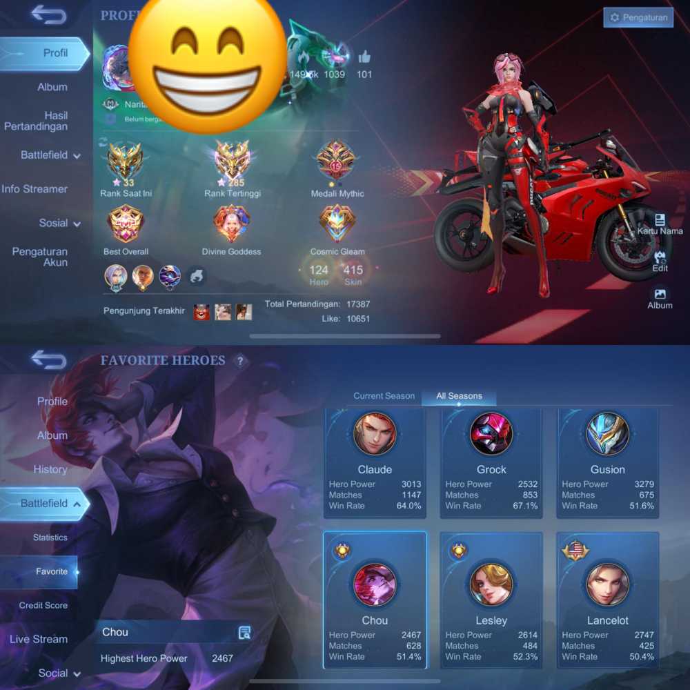 415 Skins. Highest 285 Stars. 1 Legend. 1 Collector. Benedetta Ducati. Chou KOF. 15 Epic Limited