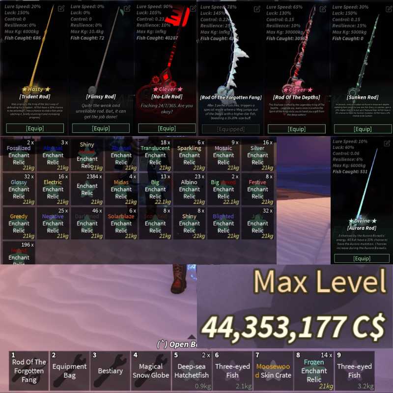 SALEID491Fisch: Level 750 Max 44M C$ - 199x Hexed Relic - Rod of the ...