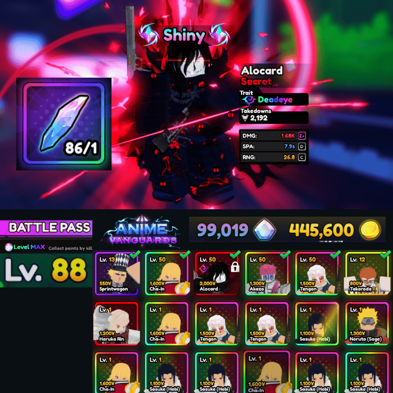 ID541 Shiny Alocard Deadeye,86 Trait,99k GemsAnime Vanguards - Full ...