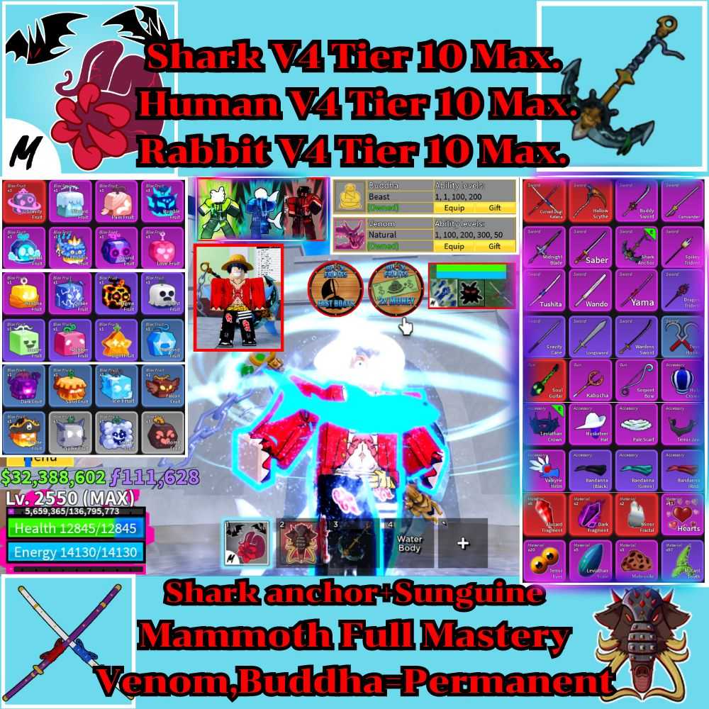 Account Blox Fruit Lv:2550 Max. Human v4 Tier 10 Max. Shark v4 Tier 10 ...