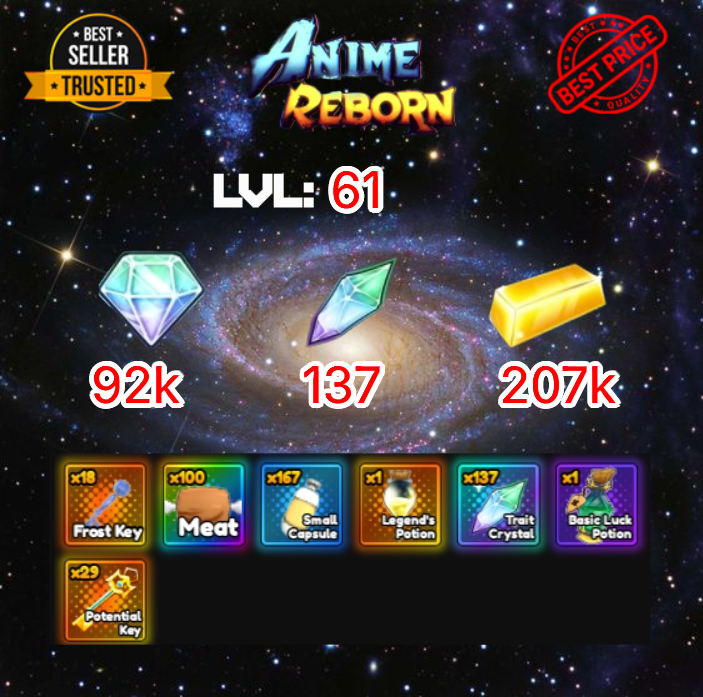 [Auto Delivery]ID 520 - Lv61 - 92K Gems, 137 Traits Crystal,Anime Reborn