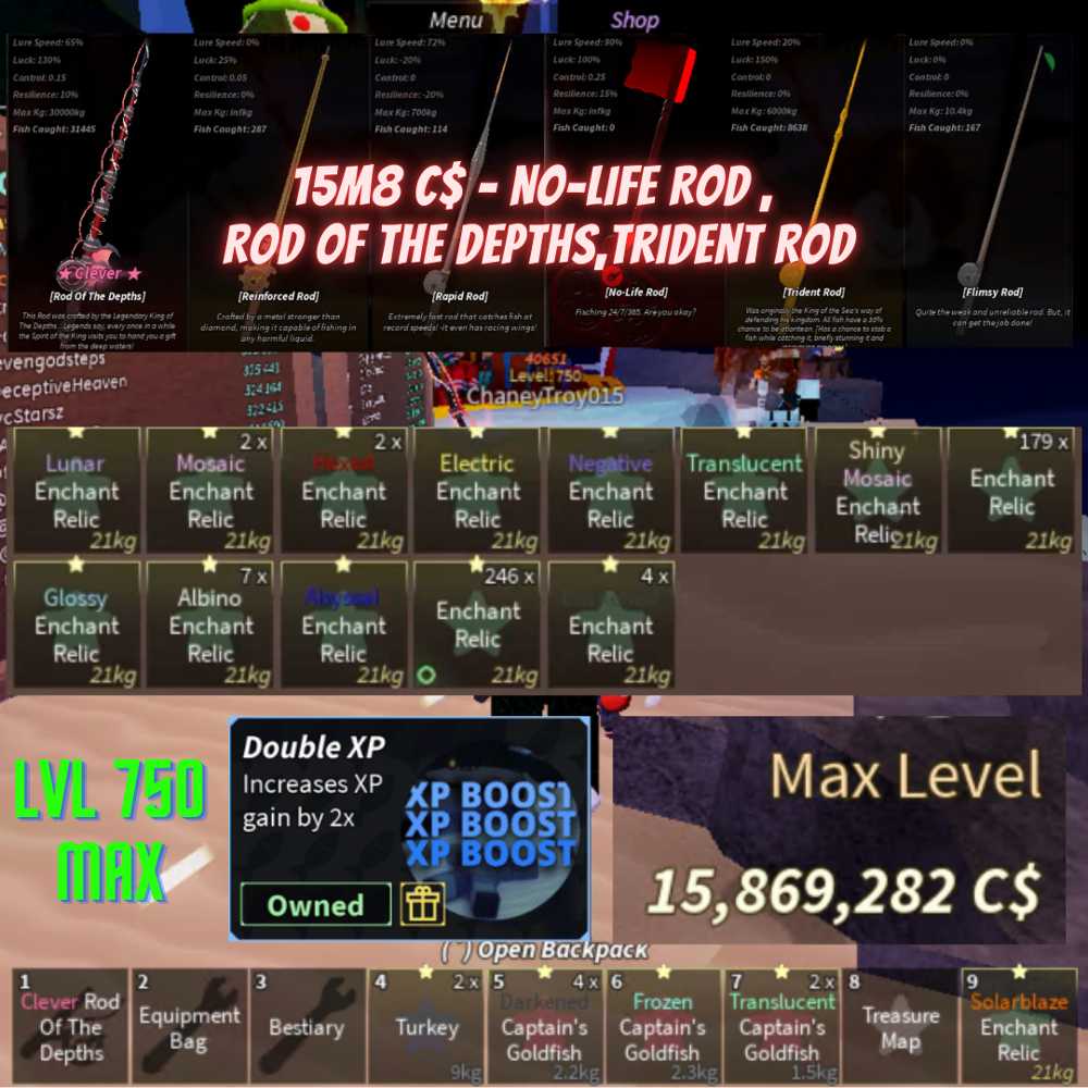 [Fisch] ID10: Level 750 Max 15M8 C$ - No-Life Rod , Rod of the Depths ...