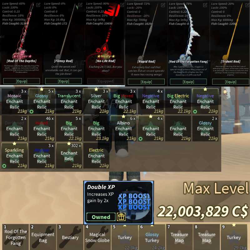 SALEID346Fisch: Level 750 Max 22M C$ X2 Exp - 49x Hexed Relic - Rod of ...