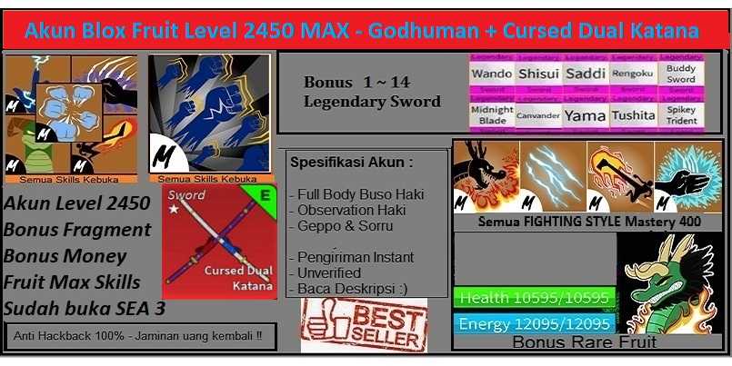 Account Blox Fruit - Level 2450 MAX - CDK Sword - GODHUMAN - SEA3