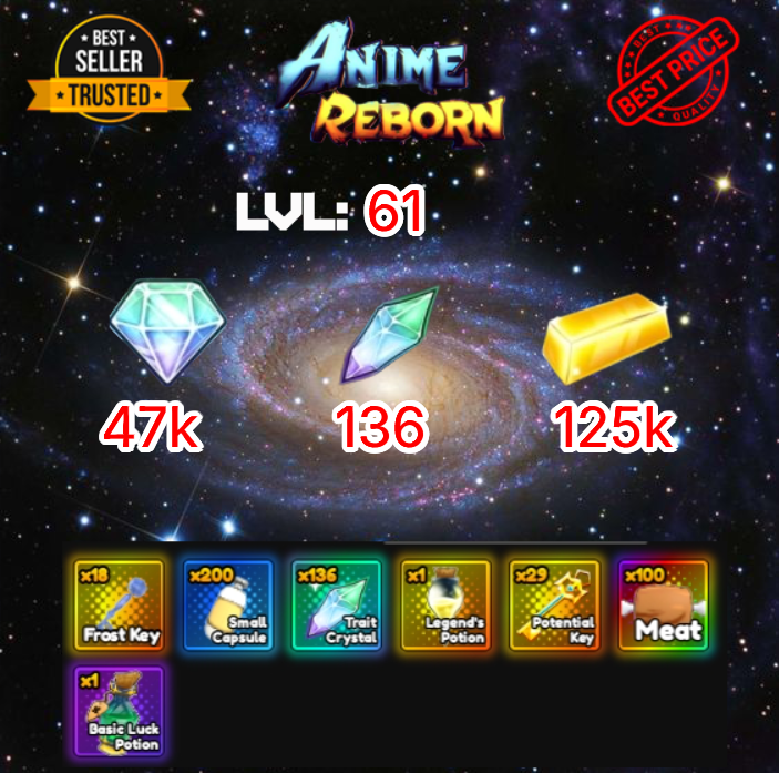[Auto Delivery]ID 518 - Lv61 - 47K Gems, 136 Traits Rerolls,Anime Reborn