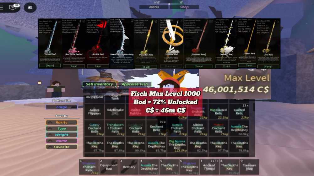 Fisch - Max Level 1000 - 72% rod unlocked - 46m C$ - Seraphic Rod ...
