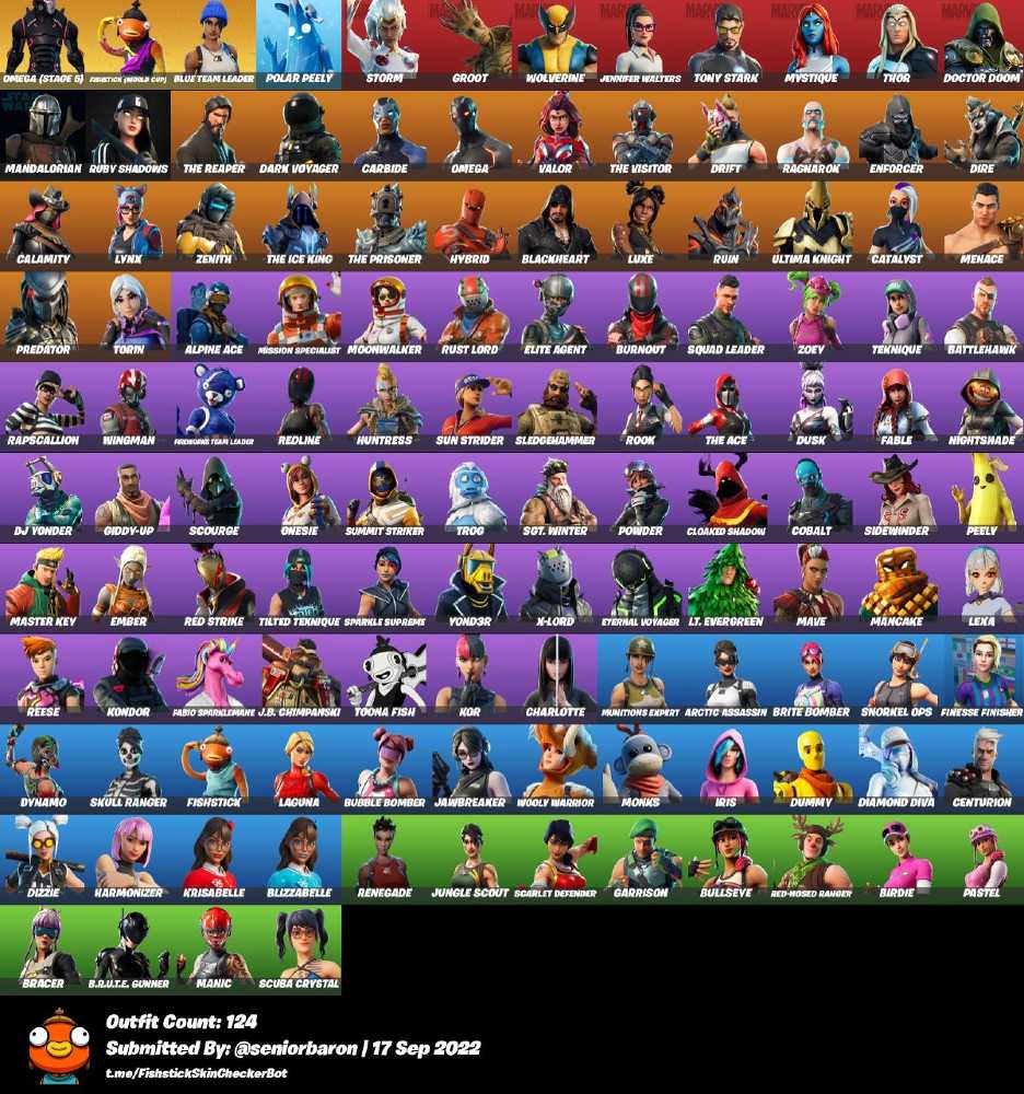 124 skins, the reaper, omega(stage 5), take the l, candy axe, fishstick ...