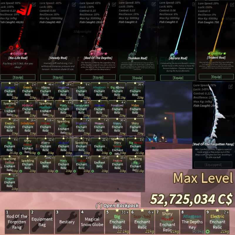 SALEID566Fisch: Level 750 Max 52M C$ - 337x Hexed Relic - Rod of the ...