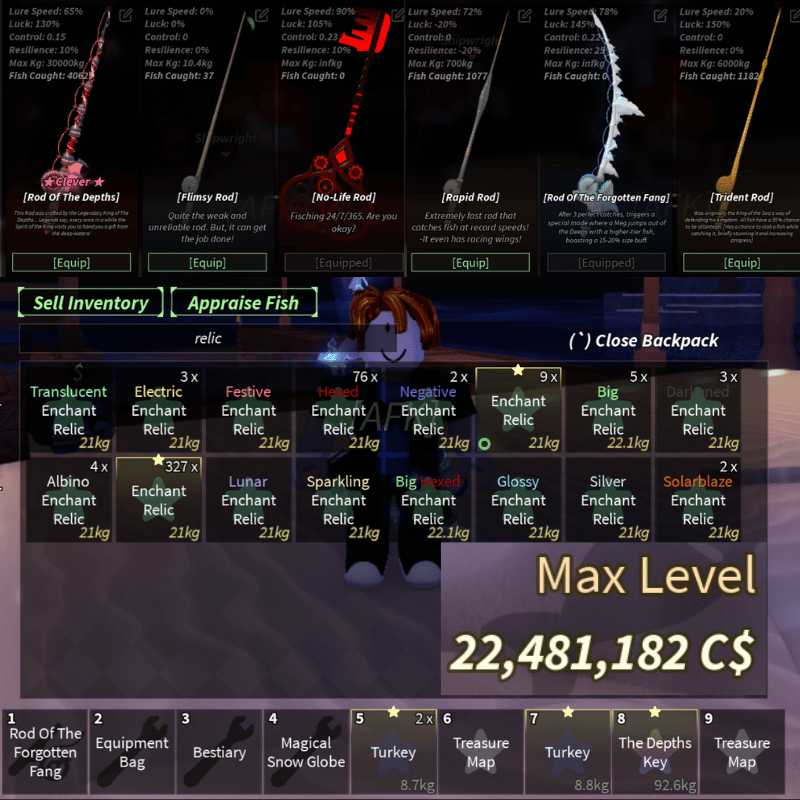 SALEID365Fisch: Level 750 Max 22M C$ X2 Exp - 77x Hexed Relic - Rod of ...
