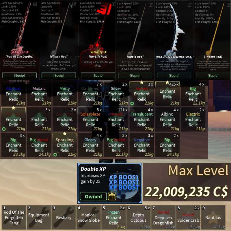 SALEID348Fisch: Level 750 Max 22M C$ X2 Exp - 130x Hexed Relic - Rod of ...