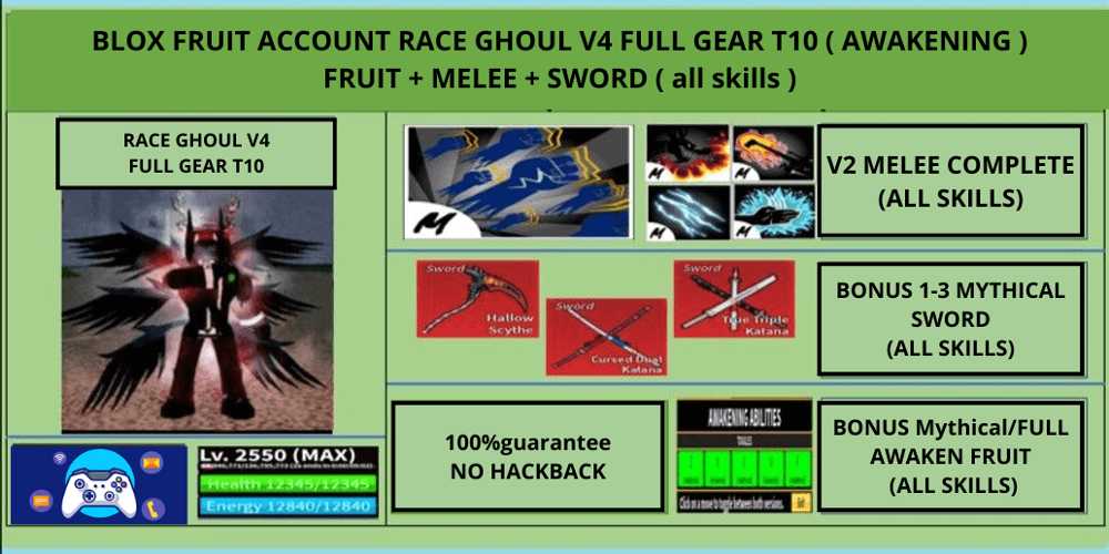 Blox Fruit account Race Ghoul V4 Full Gear T10 (Awakening)