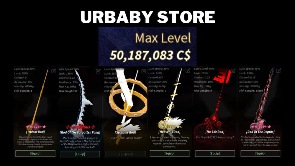 [ID017] FISCH ACCOUNT LEVEL MAX / 1000 - 50M MONEY - SERAPHIC ROD - 16% ROD