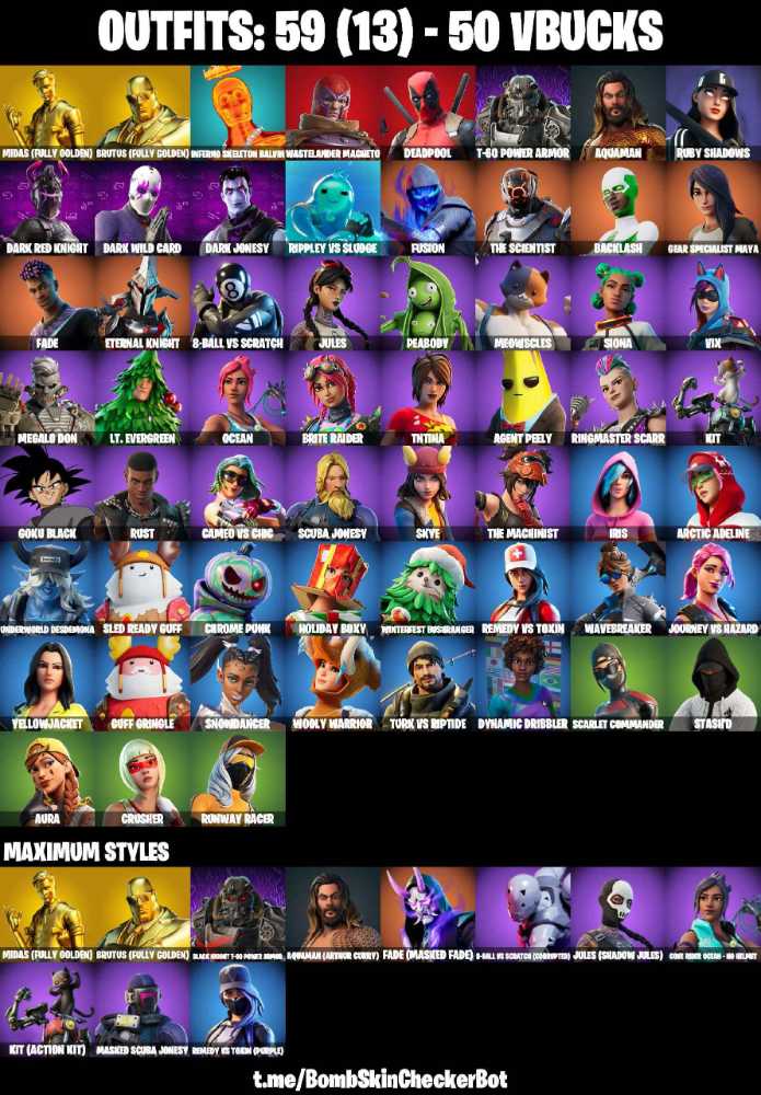 59 SKINS+BACKLASH+GOLDEN MIDAS+GOKU BLACK+MAYA+JULES(MAX)+AURA+AGENT ...