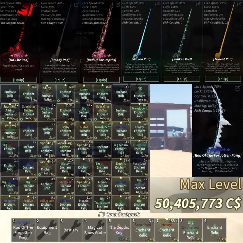 SALEID584Fisch: Level 750 Max 50M C$ - 190x Hexed Relic - Rod of the ...