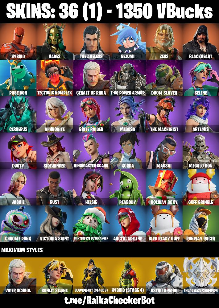 ⭐36 SKINS⭐1350 V-Bucks⭐Hades⭐T-60 Power Armor⭐Megalo Don Victoria Saint ...